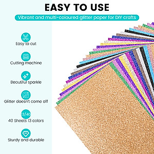 HTVRONT Glitter Cardstock Paper - 40 Sheets 13 Colors Glitter Card Stock, 110lb Cover A4 Thick Cardstock Glitter Paper for Craft, Birthday, Scrapbook, Wedding, Sparkly Paper, Card Making