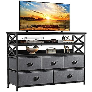 EnHomee Dresser TV Stand for Bedroom Entertainment Center with Fabric Drawers up to 55''TV Media Console Table with Wood Open Shelves Storage Drawer Dresser for Bedroom, Living Room, Entryway, Grey