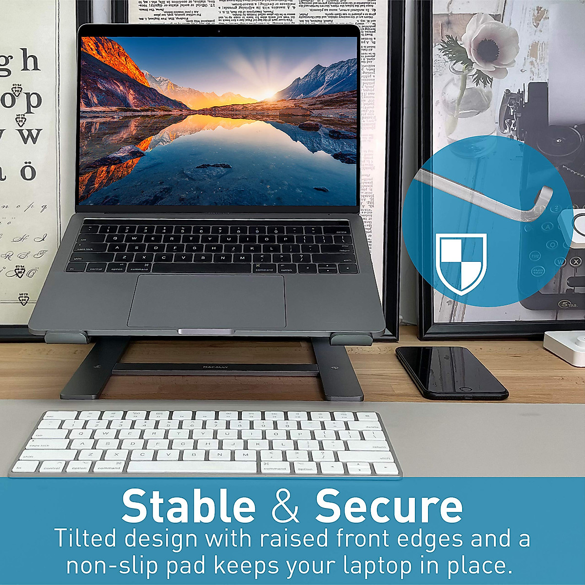 Macally Aluminum Laptop Stand for Desk - Works with all Macbook /Pro/Air & Laptops between 10” to 17.3” - Sleek and Sturdy Laptop Riser - (ASTANDSG), Space Gray