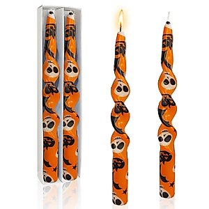 FCMSHAMD Handmade Spiral Taper Candles Halloween Pumpkin Ghost Print Candlesticks, Orange Candles Colored Wax Twisted Candle, 10" Candle Sticks Gift for Halloween Day Decoration, Set of 2