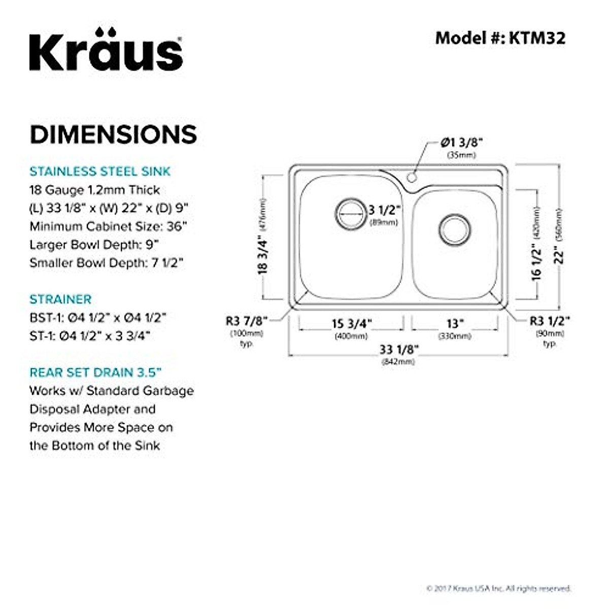 Kraus KTM32 Premier Kitchen Sink Double Bowl, 33.13, Satin