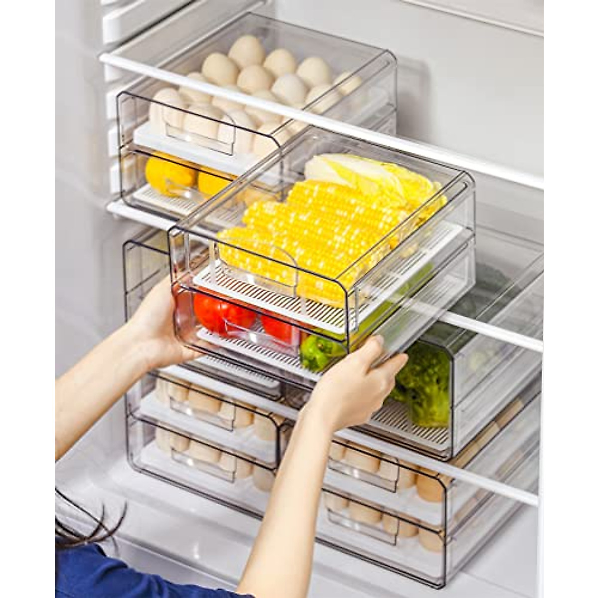 Food Storage Containers Pantry Organizer with Lids, Removable Drain Tray Fruit Vegetables Storage Rack Clear Fridge Storage