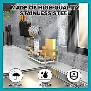 Sponge Holder Kitchen Sink Caddy Organizer, Sponge Holder for Kitchen Sink with Brush Storage, 304 Stainless Steel Black Dish Soap Holder Rack with Removable Drain Tray - Not Included Dispenser, Brush