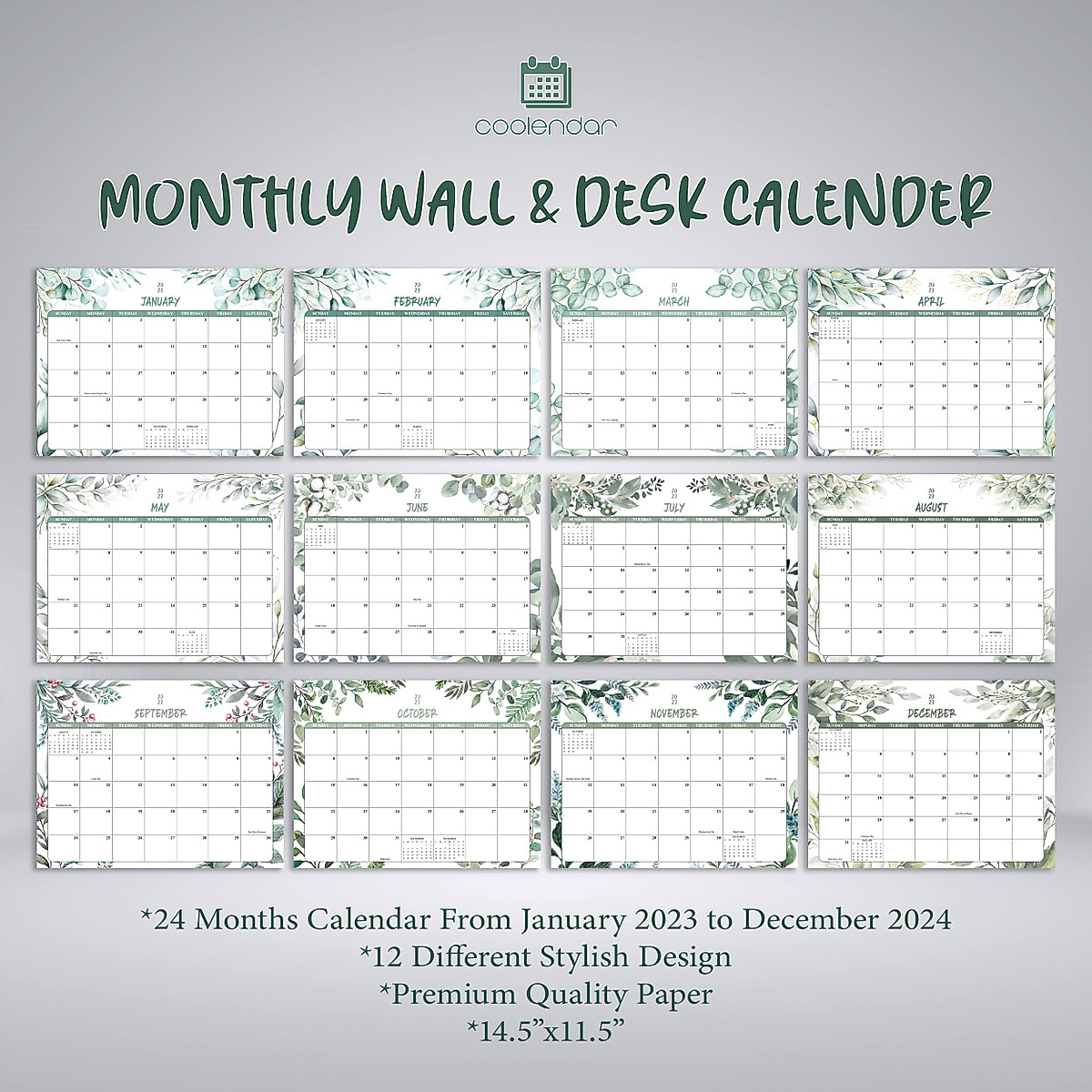 COOLENDAR 2023 Wall Calendar, Monthly Calendar 24 Months from January 2023 to December 2024, Hanging Calendar 2023 for Wall, Monthly Planner 2023-2024, 2023 Desk Calendar with Large Occasions (GRN1)
