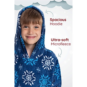 Mad Dog Wearable Fleece Blanket Hoodie, Christmas Matching Family Sets with Long Sleeves for Adults Girls & Boys Xmas Poncho, Kids, Blue Print, 8-13 Years