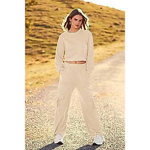 PRETTYGARDEN Womens Fall 2 Piece Outfits Sweatsuits Sets Long Sleeve Crop Tops Sweatshirt Wide Leg Cargo Pants with Pockets (Beige,Medium)