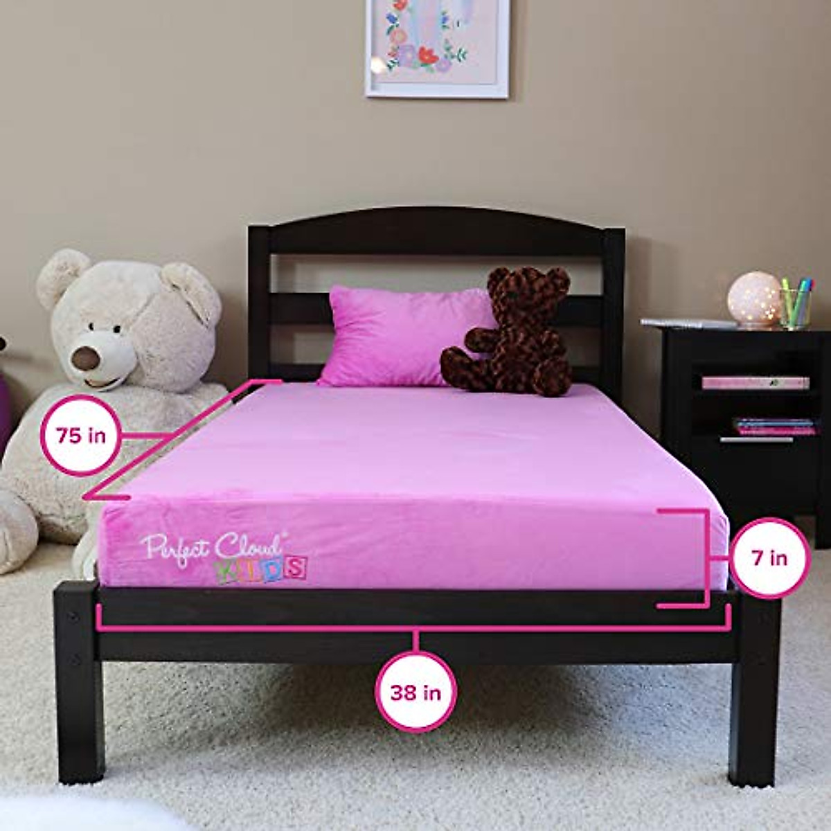 Perfect Cloud Made in The USA Kids Plush 7-inch Memory Foam Twin Mattress, Shredded Foam Pillow, and Teddy Bear for Day/Trundle/Bunk Bed - (Pink)