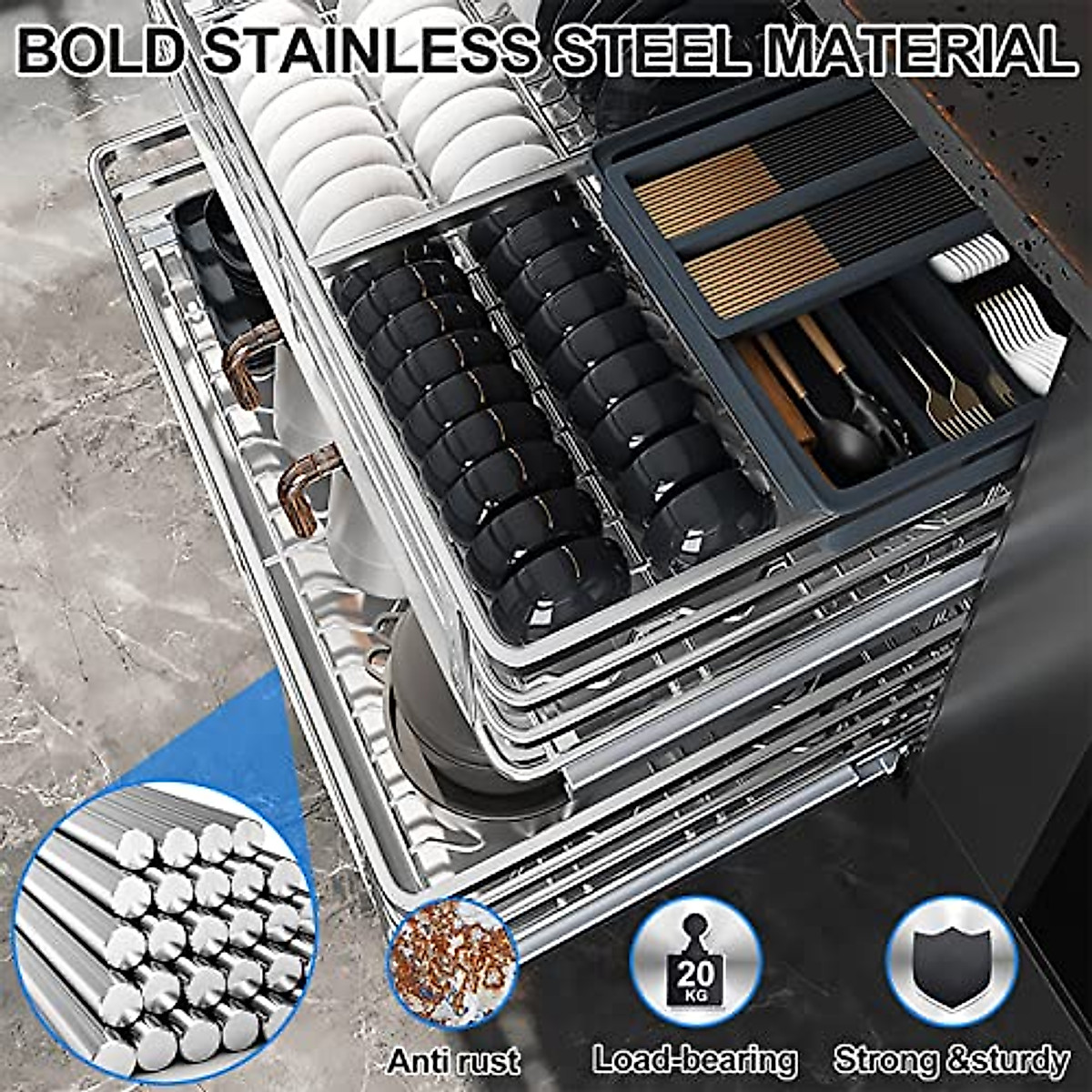 2 Tier Pull Out Cabinet Organizers Storage Stainless Steel Heavy Duty Double Tier Wire Basket Slide Out Shelf Storage for Under Cabinet, Pantry, Metal Sliding Drawer Shelve for Cans, Jars, Bowl (Black