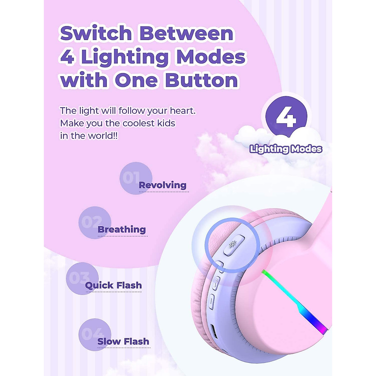 iClever BTH12 Kids Bluetooth Headphones,Colorful LED Lights Wireless Kids Headphones,74/85/94dB Volume Limited,55H Playtime,Bluetooth 5.2,Over Ear Headphones Built-in Mic for iPad/Tablet/Airplane,Pink