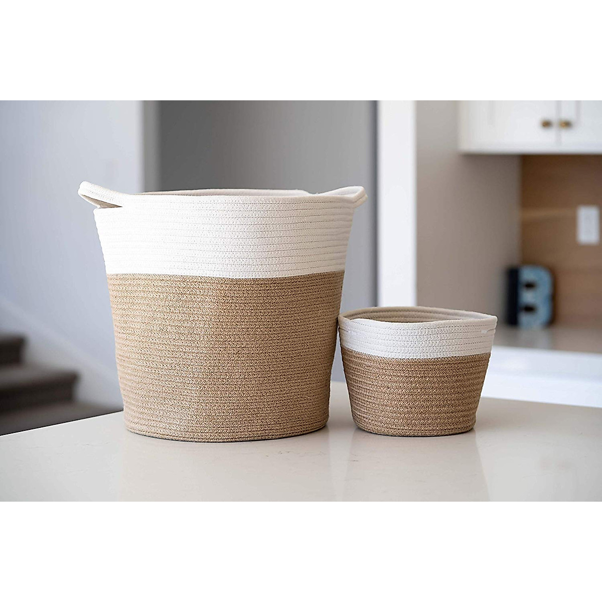 Little Hippo 2pc Large Cotton Rope Basket, White (16"x15") 100% Natural Cotton! Laundry Basket, Woven Storage Basket, Blanket Basket Living Room, Toy Storage Basket, Pillow Basket, Round Basket