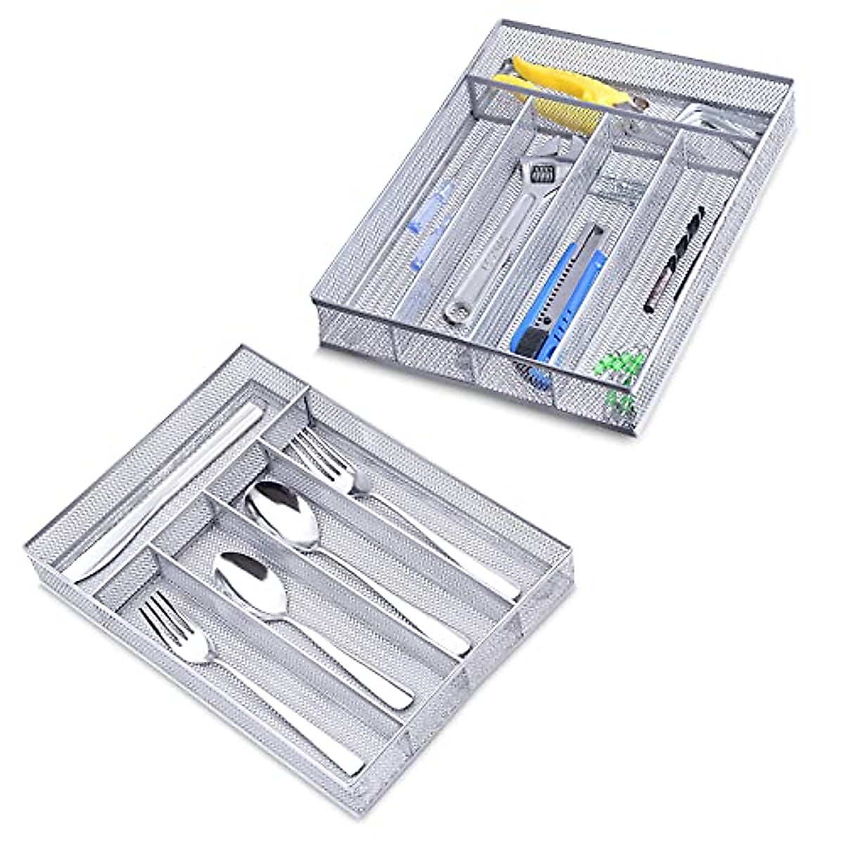 WuGeShop Desk Drawer Organizer Tray 5 Compartments, Metal Mesh Desk Drawer Storage Tray with Non-slip Mats for Office, Bathroom, Kitchen, Silver