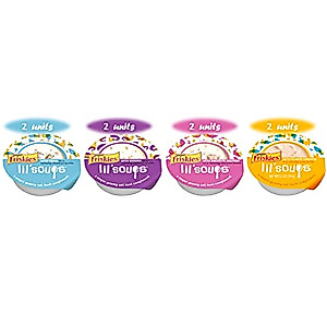 ILC Buy Lil Soups for Cats Bundle, 4 Flavor Variety, (2) Each: Shrimp, Sockeye Salmon, Tuna, Flaked Chicken (1.2 Ounces) Plus a Noisy Cat Toy Ball and Magnet
