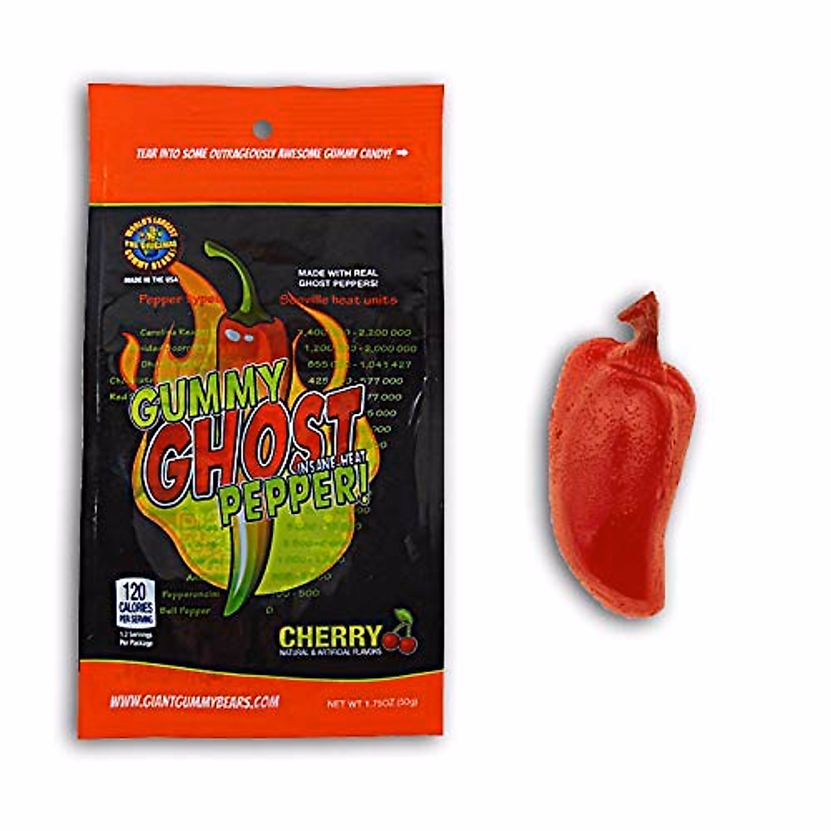 Ghost Pepper Insane Heat Gummy Candy - Cherry Flavored Ghost Pepper Candy Made With Real Ghost Pepper - Chile Shaped And Hot - 1.75oz Retail Bag