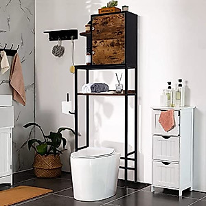 Becko US Over The Toilet Storage Cabinet with Doors & Adjustable Shelves, Bathroom Storage Organizer Shelf with Toilet Paper Holder, Tall Freestanding Multifunctional Rack