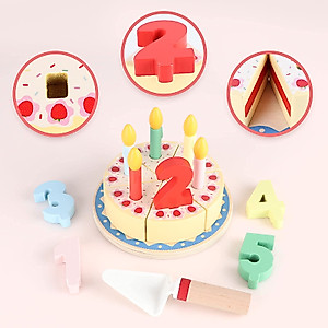 Steventoys Wooden Cutting Birthday Cake Toys,Birthday Fake Cake Toy with Candles and Numbers, Pretend Play Food Set ,Montessori Tea Party Toys Learning Kitchen Toys for Boys Girls 1-6 Years