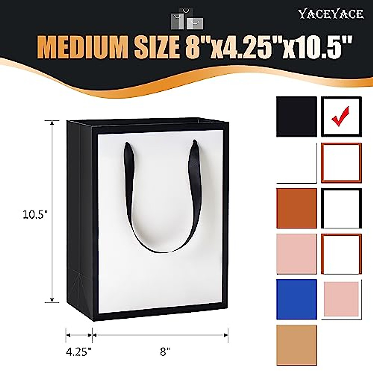 White and Black Gift Bags with Ribbon Handles, YACEYACE 20Pcs 8"x4.25"x10.5" Medium Size White and Black Paper Gift Bags for Party, Birthday,Baby Shower,Wedding,Shopping,Retail,Black Gift Bags Bulk, White Gift Bags Bulk