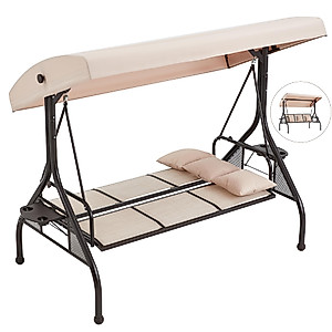 HOMREST Outdoor Porch Swing with Adjustable Canopy, Backrest, 3-Person Patio Canopy Swing Textilene Bed with Side Cup Holder, Pillow for Garden, Deck, Back Yard, Lawn (Khaki)