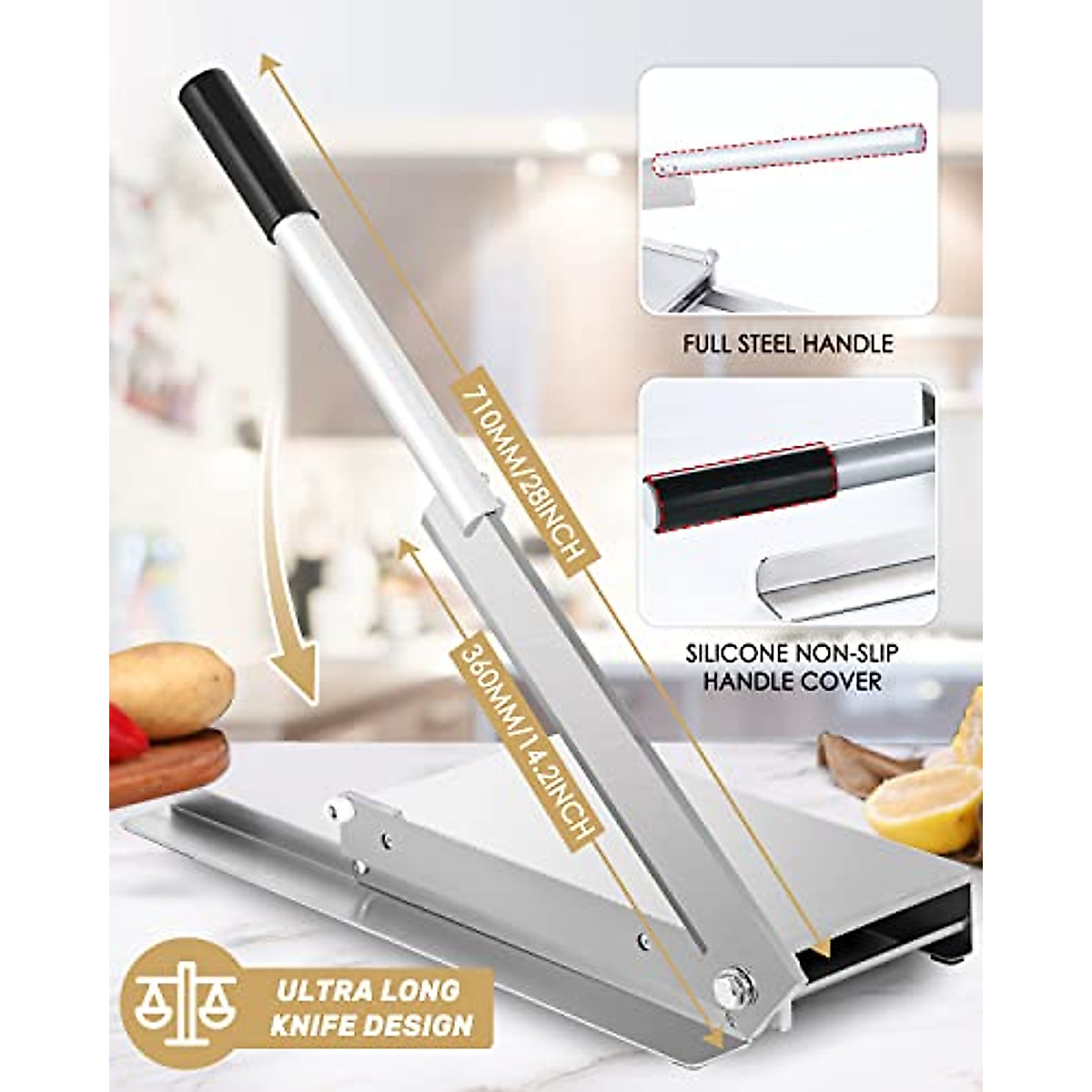 Moongiantgo Manual Meat Bone Cutter Rib Slicer Heavy Duty Chicken Cutting Machine with 16 Inch Knife SUS Bone Chopper for Beef Goat Pig Fish Butcher Commercial Kitchen (KD0298)