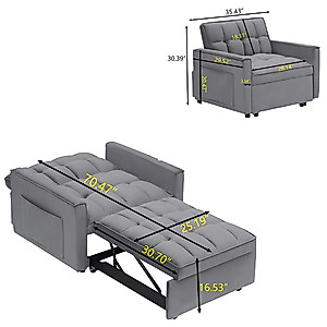 HomJoones Modern Convertible Futon Folding Sofa Bed, 3-in-1 Multi-Functional Sleeper Velvet Chair Bed, Adjustable Backrest into a Sofa Recliner for Living Room Bedroom Apartment Small Space (Grey)