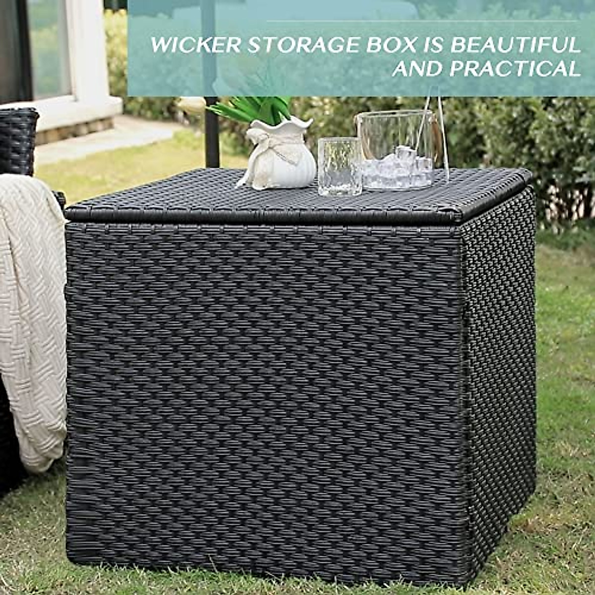 Green4ever 9 Piece Patio Furniture Set, All-Weather Outdoor Sectional Sofa Wicker Rattan Couch Patio Conversation Set with Storage Box, Coffee Table, Ottoman, and Blue Cushion
