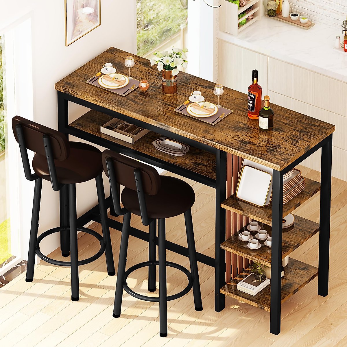DKLGG 47" Bar Table and Chair Set, Small Kitchen Counter Dining Table Set for 2, 3 Piece Bar Height Table with 2 Stools & Storage, Pub Table Dining Set for Breakfast Nook, Small Space