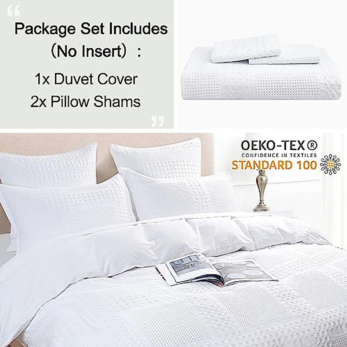 PHF 100% Cotton Duvet Cover Queen Size, Waffle Weave Duvet Cover Set for All Season, Pre-Washed Soft Decorative Textured Duvet Cover with Pillow Shams Bedding Collection, 90"x92", White