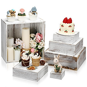 Roowest 6 Pcs Wood Cupcake Display Stand Whitewashed Decorative Dessert Wood Cake Stand Risers Wooden Rustic Square Stackable Decorative Box Risers for Wedding Birthday Christmas Party