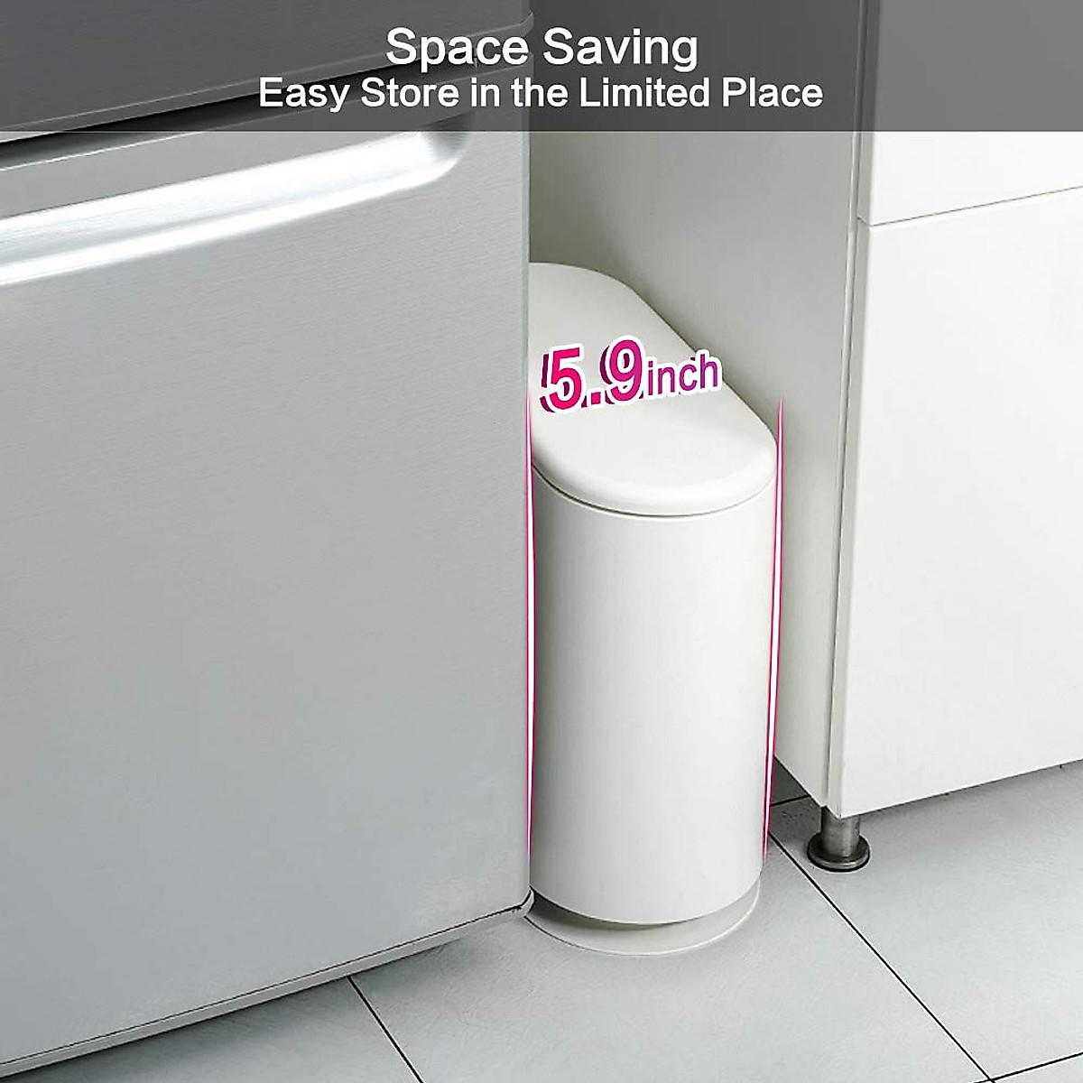 AIFUSI Trash Can, 10 Liter / 2.4 Gallon Plastic Slim Garbage Container Bin with Press Top Lid, White Waste Basket for Kitchen, Bathroom, Living Room, Office, Narrow Place(Ivory White