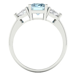 3.0 ct Emerald cut 3 stone Solitaire Created Aquamarine Designer Anniversary Bridal Engagement Ring 14k White Gold 8