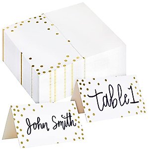 100 Pack Place Cards for Table Setting, Blank Table Name Cards for Wedding, Gold Foil Polka Dot Place Cards for Banquet, Events, Reserved Seating (2 x 3.5 In Folded)