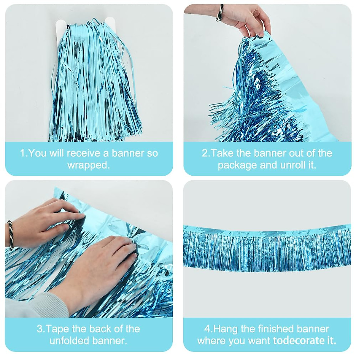 BEISHIDA 3 Packs Metallic Foil Fringe Garland Baby Blue Wall Hanging Tinsel Fringe Banners for Car Floats Bridal Shower Wedding Birthday Easter Graduation Holiday Party Decoration(30 Feet)