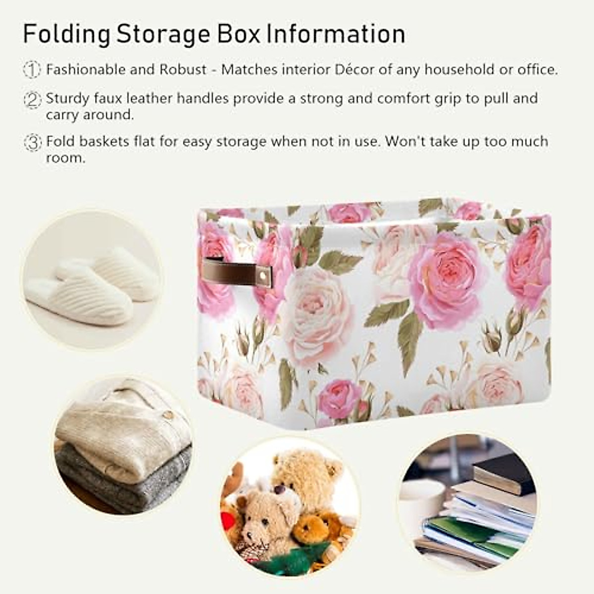 susiyo Large Foldable Storage Bin Floral Pink Roses Fabric Storage Baskets Collapsible Decorative Baskets Organizing Basket Bin with PU Handles for Shelves Home Closet Bedroom Living Room-1Pack