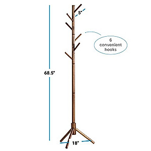 ZOBER Coat Rack Free Standing - Wooden Coat Tree W/ 6 Hooks - Coats, Purses, Hats - Adjustable Sizes, Easy Assembly - Vintage