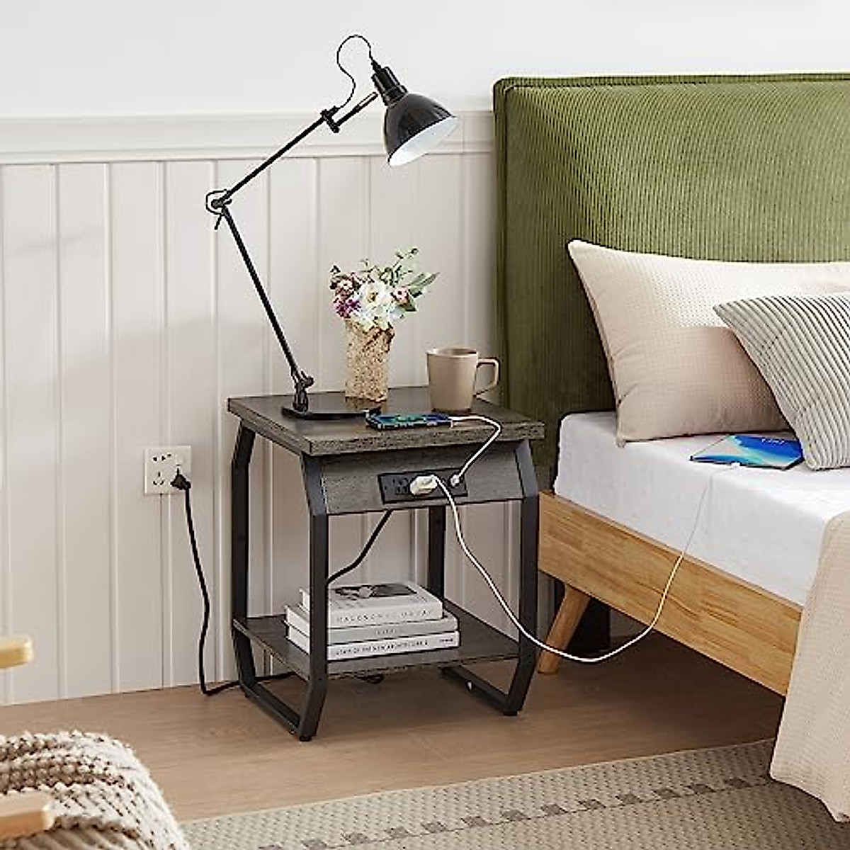 Anwick End Table with Charging Station Set of 2 Side Table with USB Ports and Outlets, Nightstand with Storage, Bedside Tables for Small Spaces, Sofa Side Tables for Living Room Bedroom(Grey)