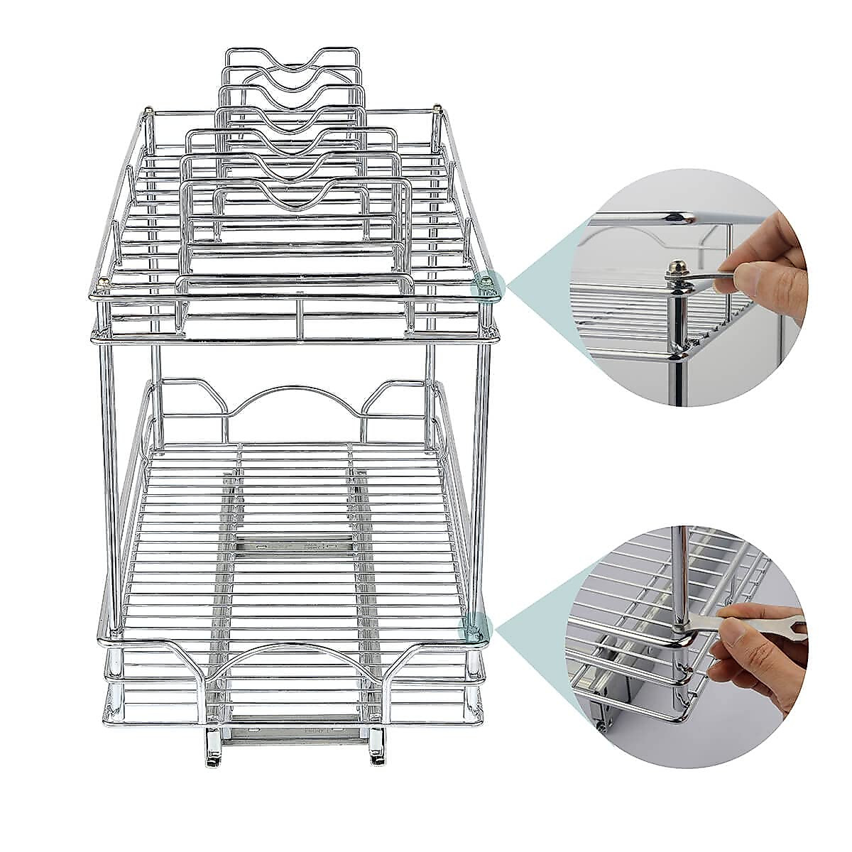 OCG 2 Tier Pull Out Cabinet Organizer for Lid Cookware (11" W x 18" D), Slide Out Kitchen Cabinet Shelves, 2 in 1, Chrome Finish