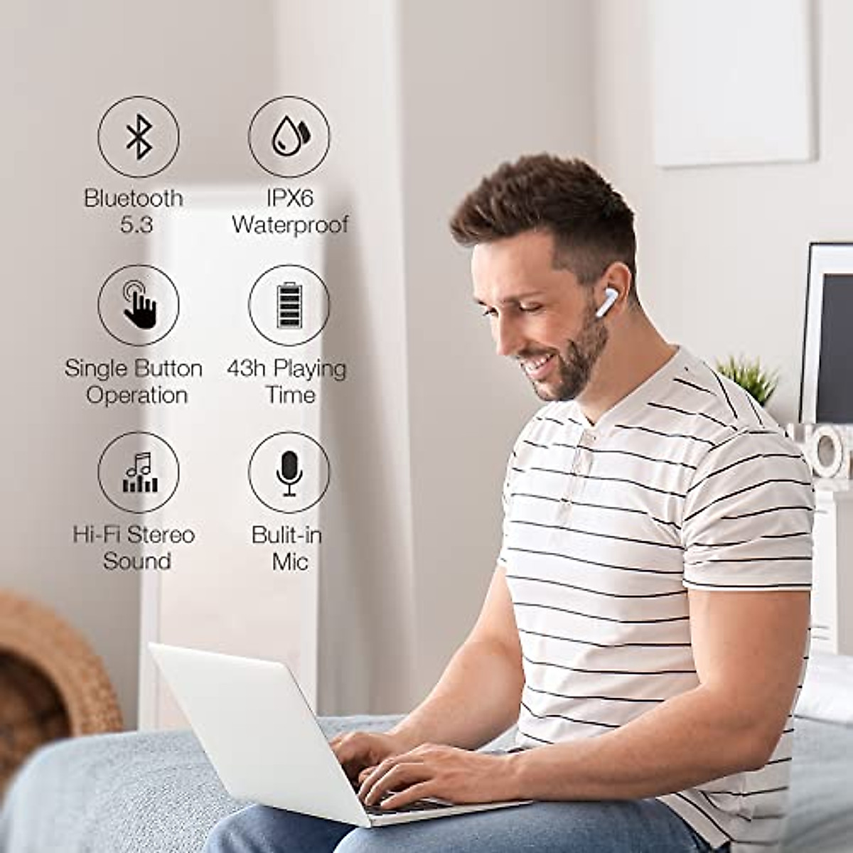 Wireless Earbuds, Bluetooth 5.3 Earbuds with 43H Playtime, IPX6 Waterproof Stereo Sound True Wireless Earbuds with Microphone, Bluetooth Headphones for Sport and Working