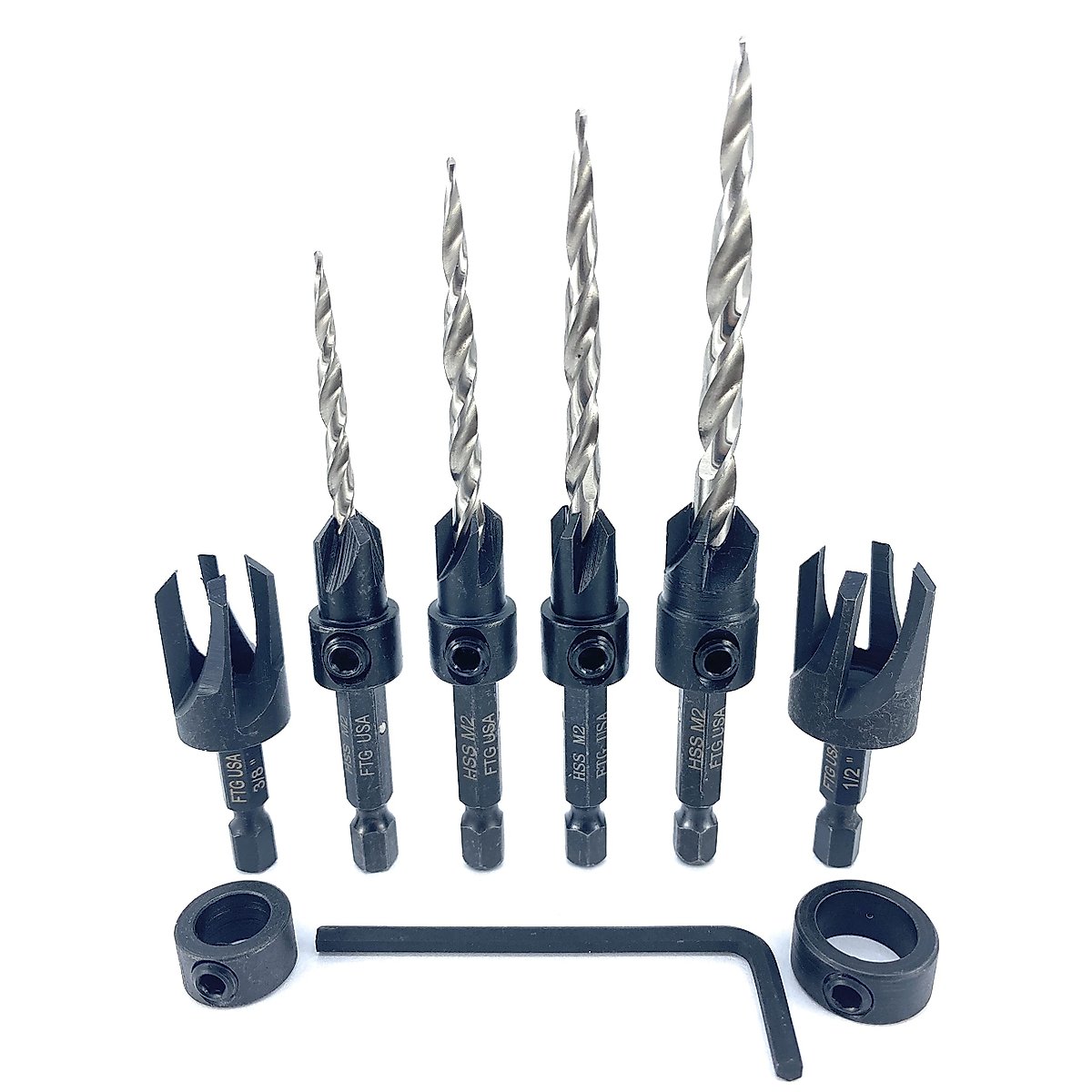 FTG USA Wood Countersink Drill Bit Set Sizes 6 8 10 12 Countersink Tapered Drill Bits, 2 Wood Plug Cutter 3/8" & 1/2" with 3 Replacement Bits #8 (11/64"), 2 Stop Collars, 1 Allen Wrench, Hex Shank