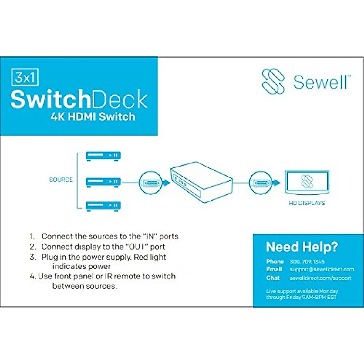 SwitchDeck, 4K HDMI 2.0 Switch by Sewell, 3x1 Distribution Amplifier, 4K at 60Hz, 3D, HDCP 2.2, 4:4:4 Chroma