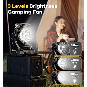 DOWILLDO Camping Fan with LED Lantern, 10400mah Portable Battery Operated Outdoor Fan, Personal Rechargeable Fan for Travel, Hiking, Fishing, Picnic (Black)