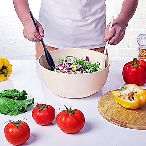 ECOHAGOU 10” Bamboo Fiber Large Salad Serving Bowl Set with Wooden Lid & Servers, 3.5 Qt Big Bowl with Utensils for Mixing Salad,Fruit,Pasta,Lightweight & Dishwasher Safe, Ideal Gift for Home (White)