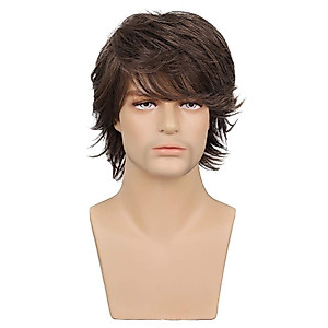 Short Brown Wig for Mens Layered Natural Fluffy Synthetic Hair Wig Heat Resistant Halloween Cosplay with Wig Cap