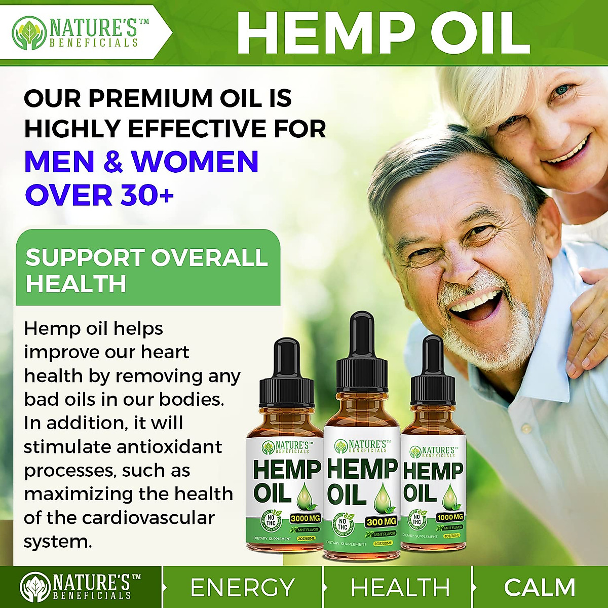 NATURE'S BENEFICIALS Organic Hemp Oil Extract Drops, 500mg - Omega Fatty Acids 3 6 9, Non-GMO Ultra-Pure & CO2 Extract Drops