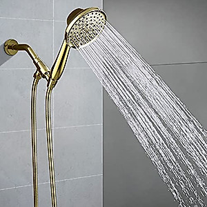 G-Promise Luxury High Pressure 5“ Face 6 Setting Detachable Handheld Shower Head with Extra Long Flexible Metal Hose(70” Stretches to 75”), Adjustable Metal Holder, Polished Brass Finish (2.5GPM)