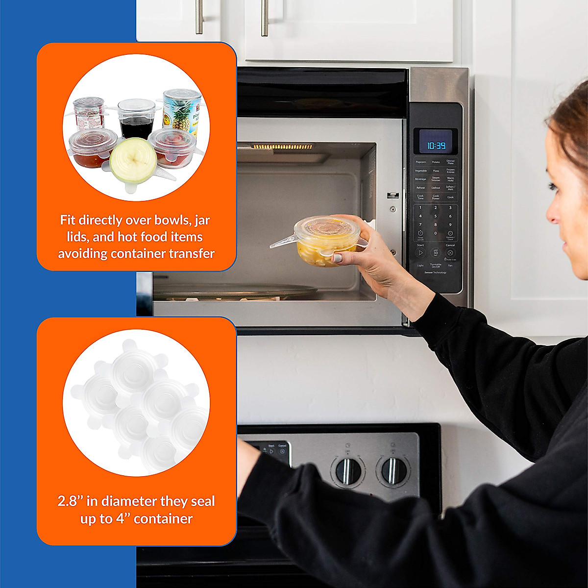 Silicone Stretch Lids (6 Pack- Small Lids) by Modfamily, Reusable, Durable, Expandable. Keeps Canned Food and Drinks Fresh, Dishwasher and Freezer Safe (2.8 In. Diameter -Seals up to 4 Inch Container)