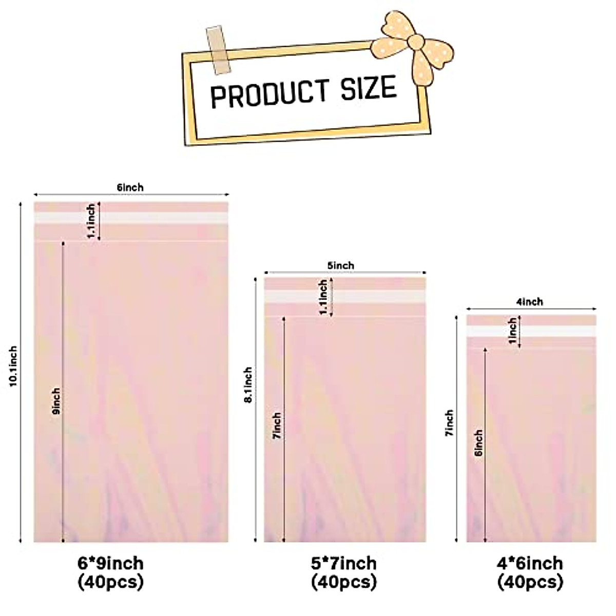 Qtop Cookie Bags Cellophane Bags 120 pcs Iridescent Holographic Candy Bags 3 Sizes 4x6 5x7 6x9 Self Sealing OPP Cello Bags for Bakery Cookies Goodies Favor Decorative Wrappers