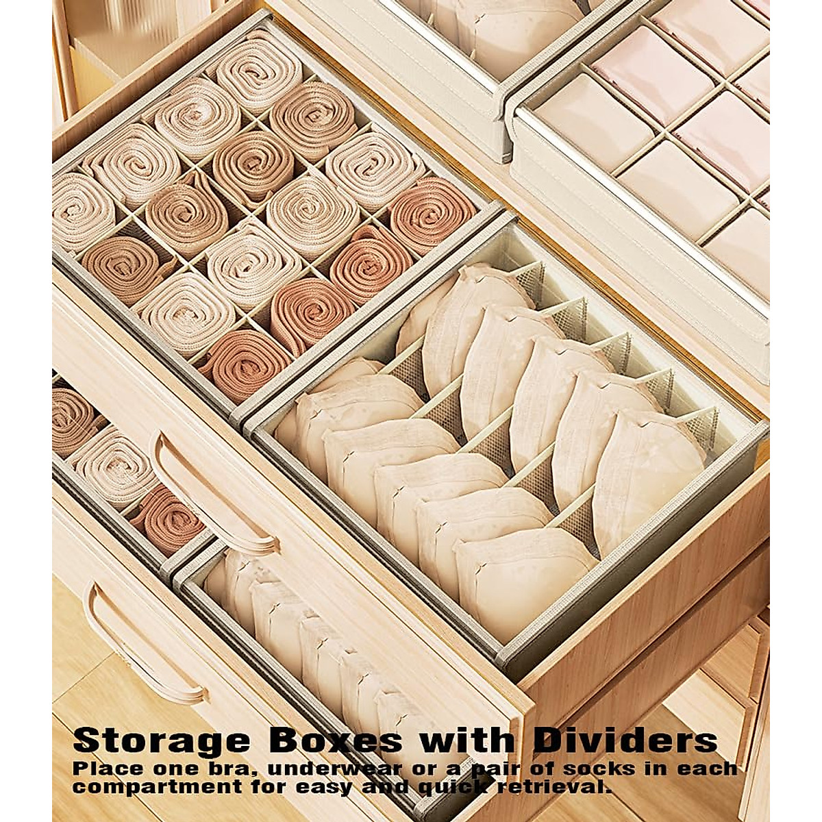 AARAINBOW 4 Packs Underwear Socks Storage Organizer with Lid, Foldable Closet Drawer Organizer with Dividers Wardrobe Storage Boxes Fabric Dresser Bin for Bra Scarf Neck Tie Container (50 Cells Beige)