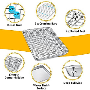 10.4 Inch Toaster Oven Pan with Rack Set, P&P CHEF Stainless Steel Small Baking Pan Tray and Grid Cooling Rack for Cooking/Roasting, A Pan and A Rack, Dishwasher Safe & Easy to Clean & Non-toxic