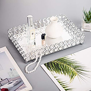 Feyarl Crystal Vanity Makeup Perfume Tray Ornate Jewelry Trinket Organizer Cosmetic Decorative Tray Skin Care Storage for Home Dressing Table Wedding Decoration(Rectangle 12" x 8") (Silver)
