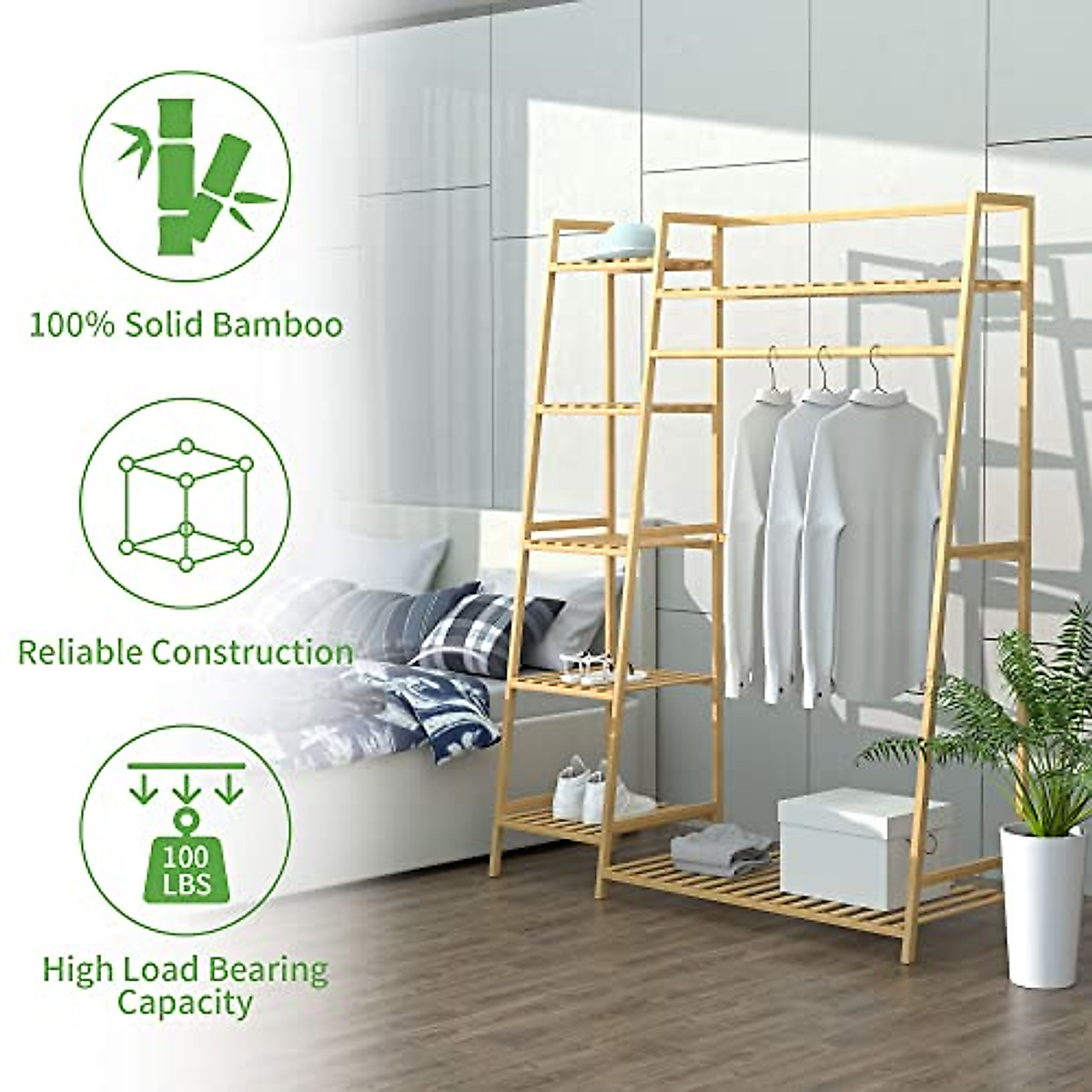43.5" Bamboo Clothing Garment Rack Free Standing Clothes Coat Hanger Rolling Closet Organizer Shoe Rack Wardrobe Storage Hall Tree Entryway Living Bedroom Office Storage Shelves Clothes Hanging Rack