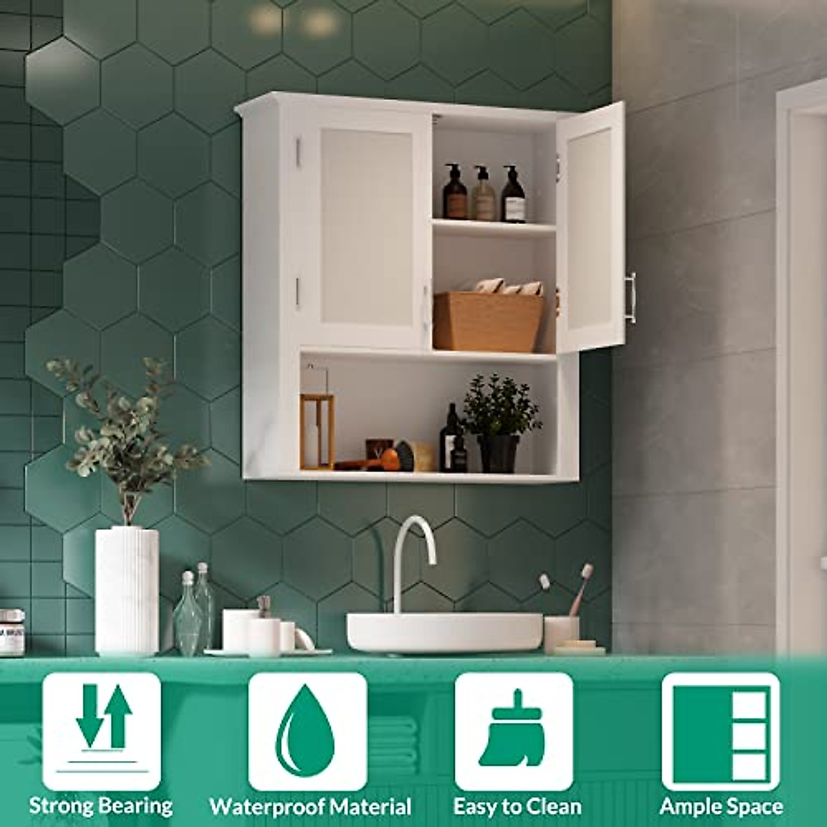 VIVIJASON Wall Mounted Bathroom Cabinet, Over The Toilet Space Saver Storage Cabinet, Medicine Wall Cabinet Storage Organizer, Cottage Collection Wall Cabinet with 2 Doors & Adjustable Shelf (White)